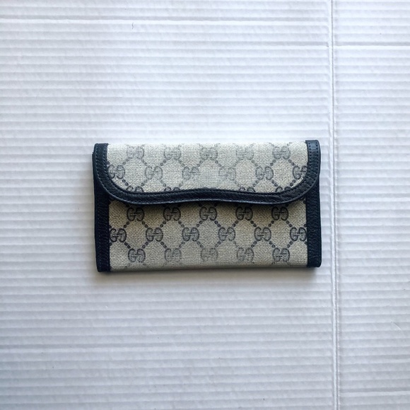 Gucci | Bags | Authentic Vintage Gucci Gg Navy Blue Long Wallet | Poshmark